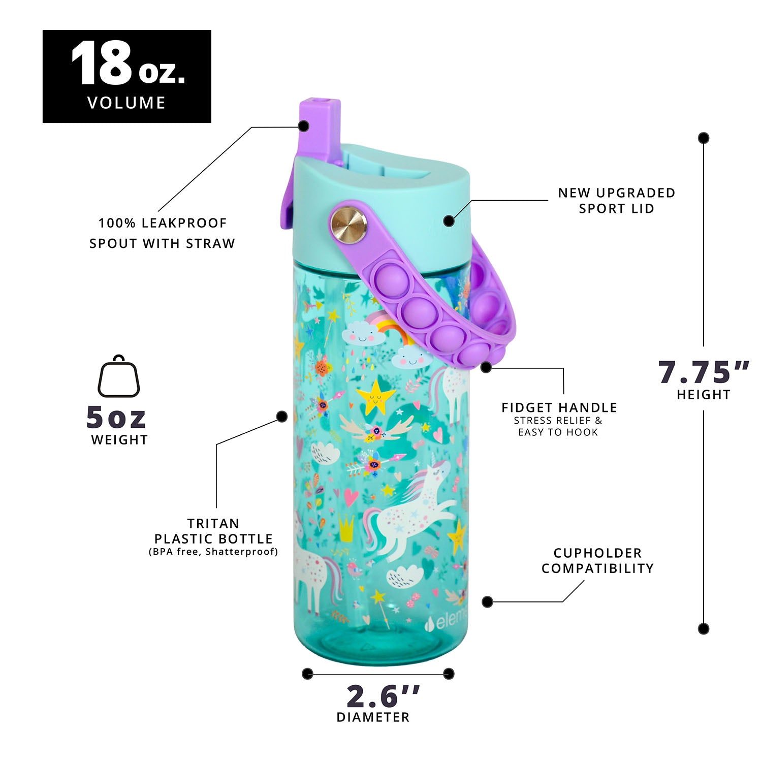 Elemental Splash 18 oz Bottle – Kids Water Bottle with Pop Fidget Strap & Leakproof Design ...